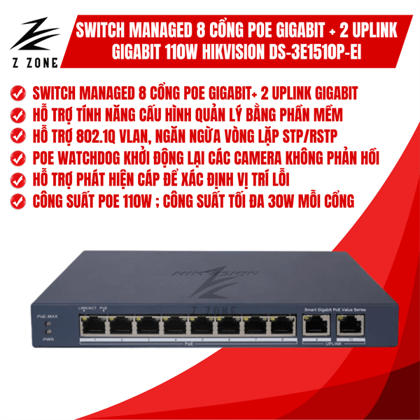 Switch Managed 110W 8 cổng PoE Gigabit + 2 uplink Gigabit Hikvision DS ...